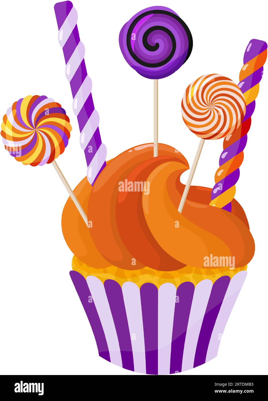 A cupcake with candy and lollipops. Decorated Halloween dessert ...
