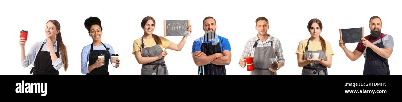 Set of baristas with hot coffee on white background Stock Photo - Alamy