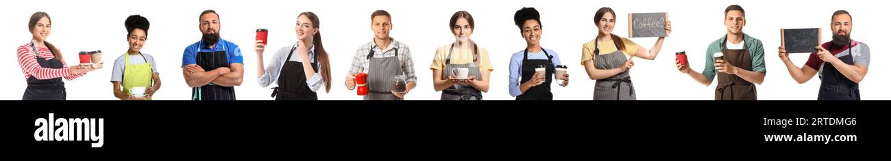 Set of many baristas with hot coffee on white background Stock Photo ...