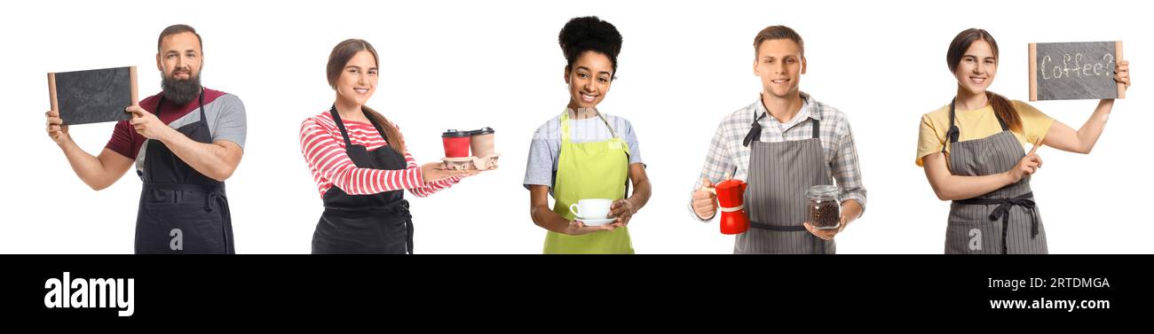 Set of different baristas with hot coffee on white background Stock ...