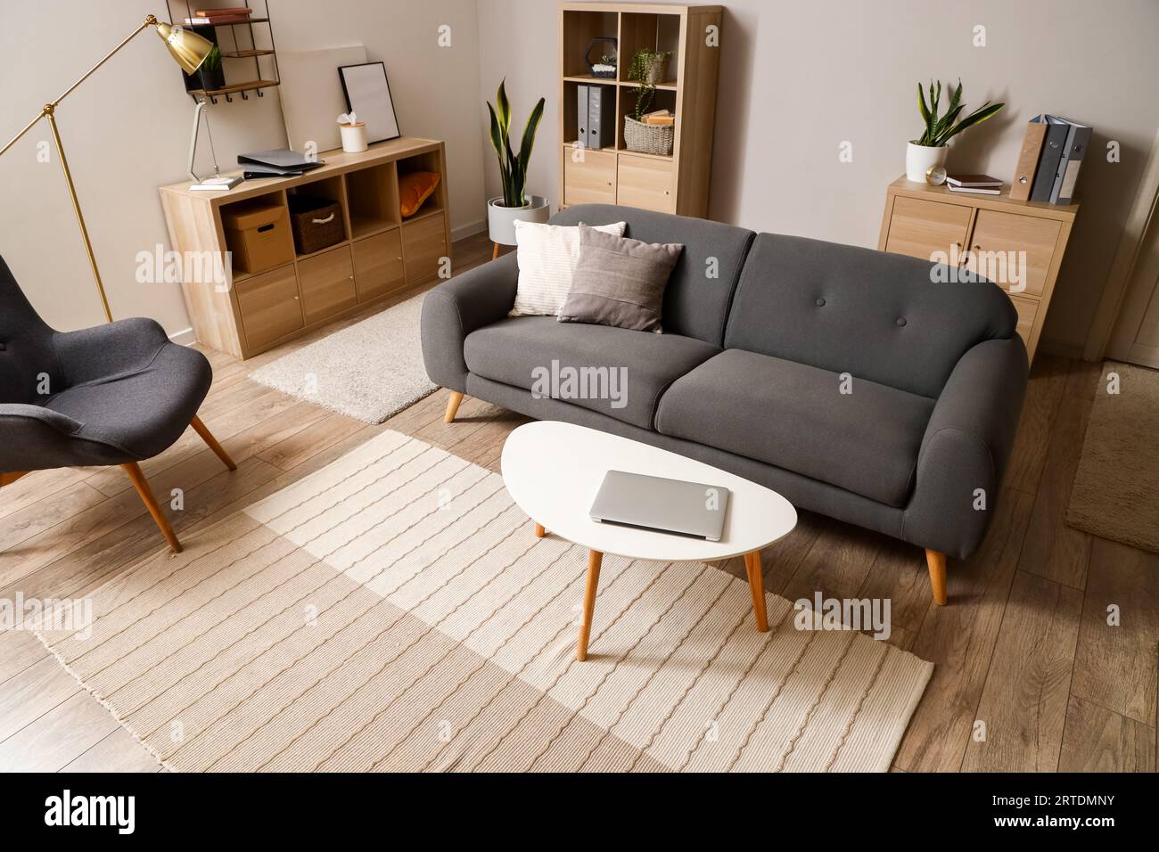 Interior of modern living room with sofa and laptop on table Stock ...