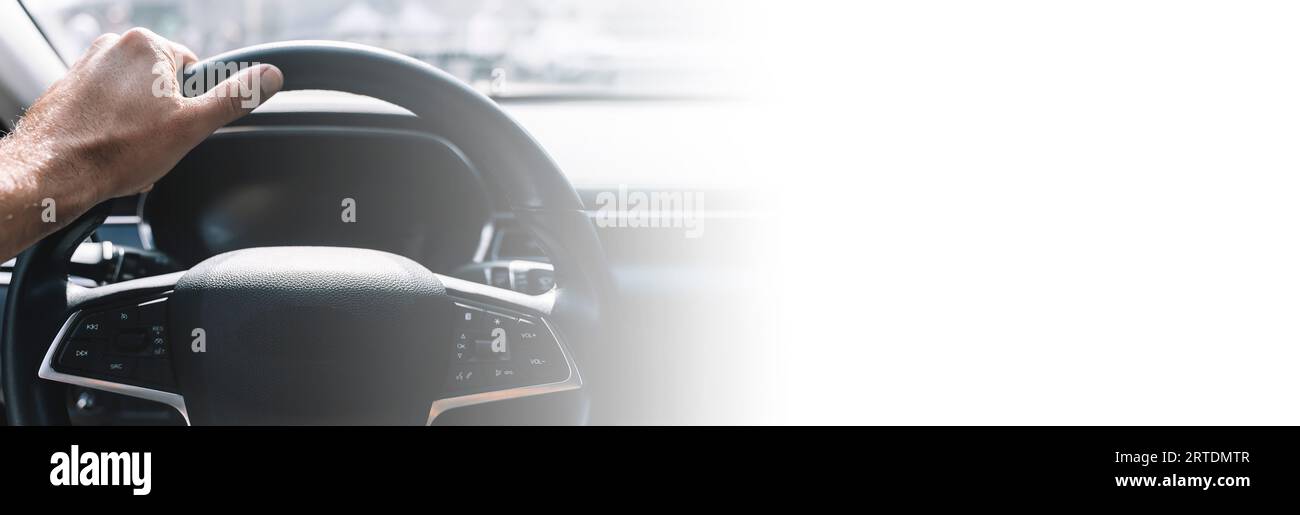 Driver car in car interior banner background. Driving on road. Hands on ...