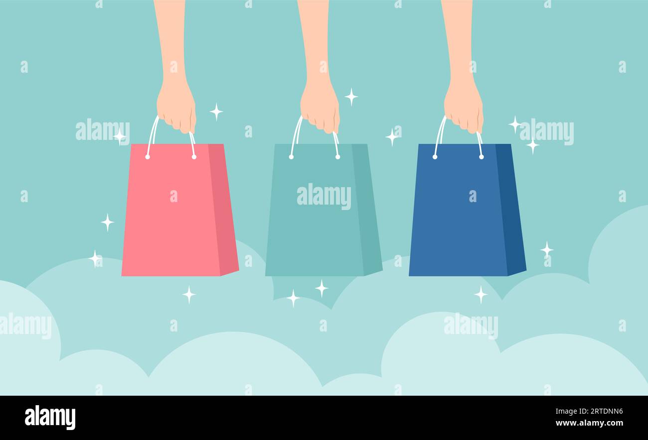 Hands holding glowing shopping bags of different colors on a green ...