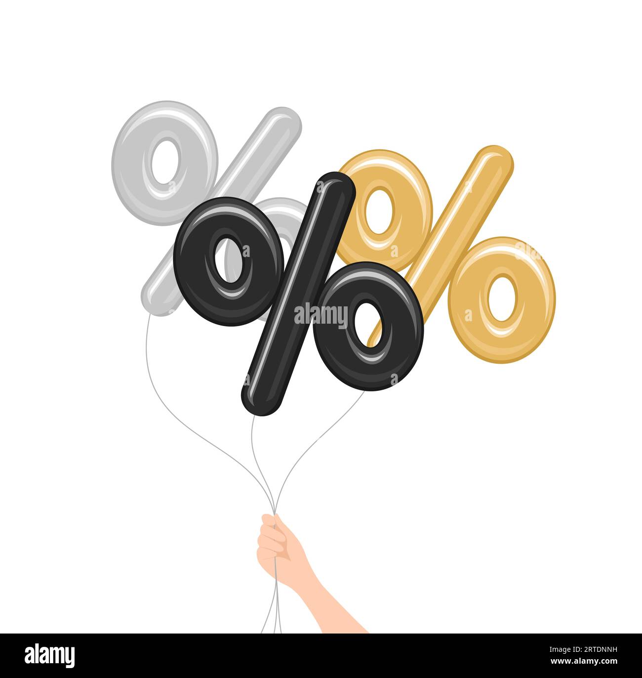 Hand holding black, gold and silver balloons in the form of a percent ...