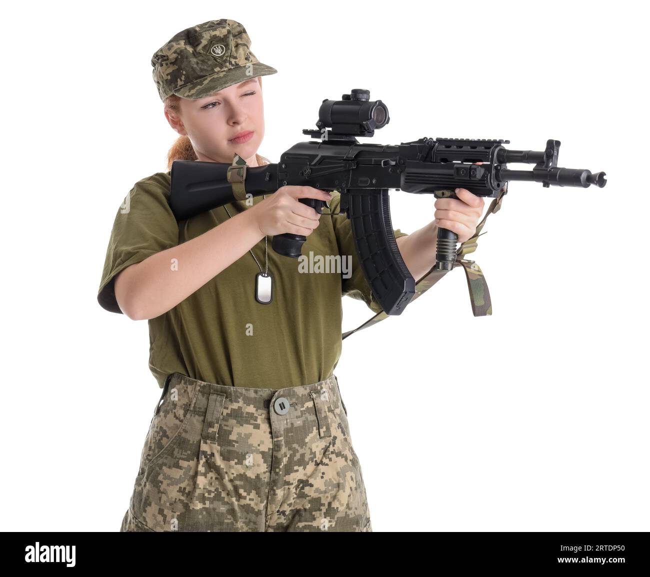 Young female soldier with assault rifle isolated on white Stock Photo ...