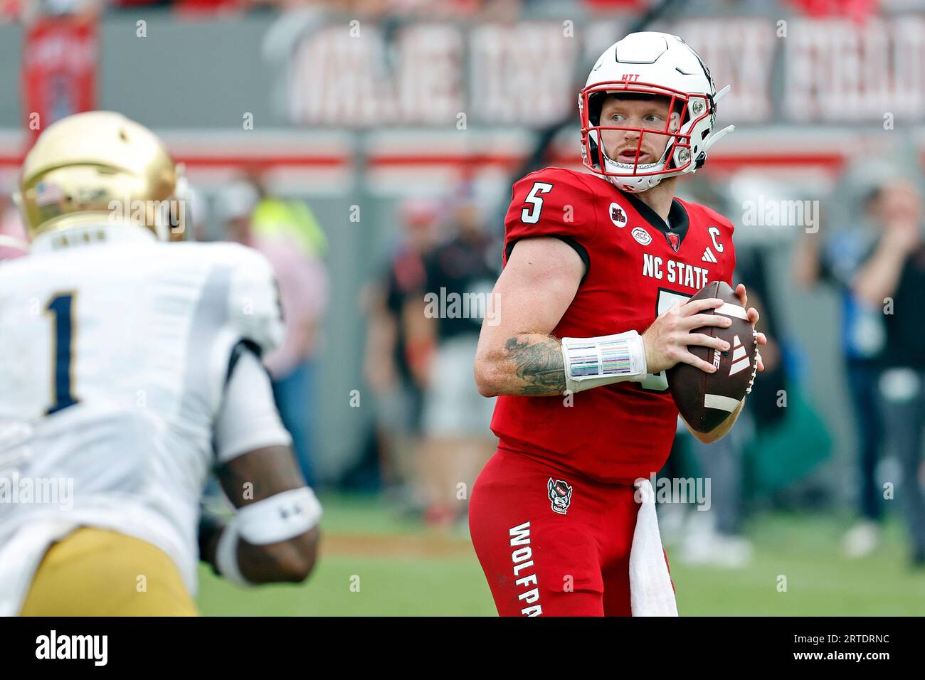 North Carolina State quarterback Brennan Armstrong (5) prepares to ...