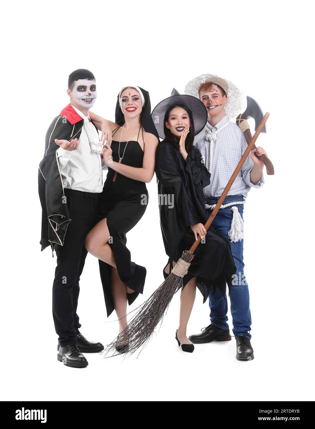 Group of friends in costumes for Halloween party on white background ...