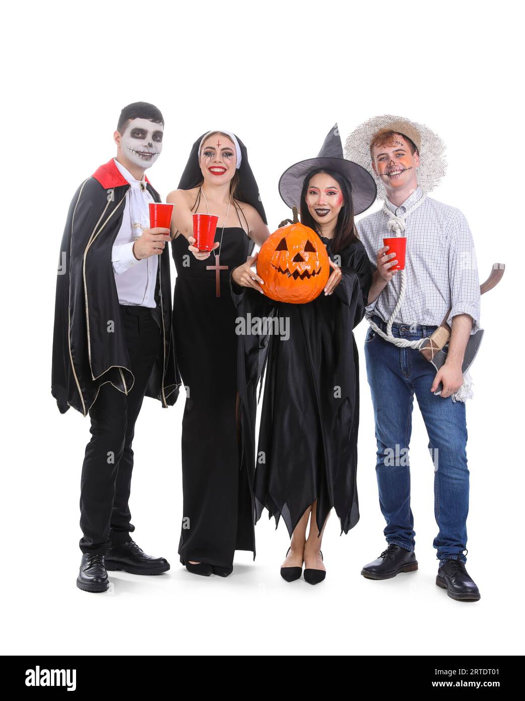 Group of friends in costumes for Halloween party with drinks on white ...