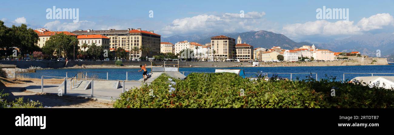 Panoramic spring cityscape of Ajaccio town and beach . Splendid morning ...