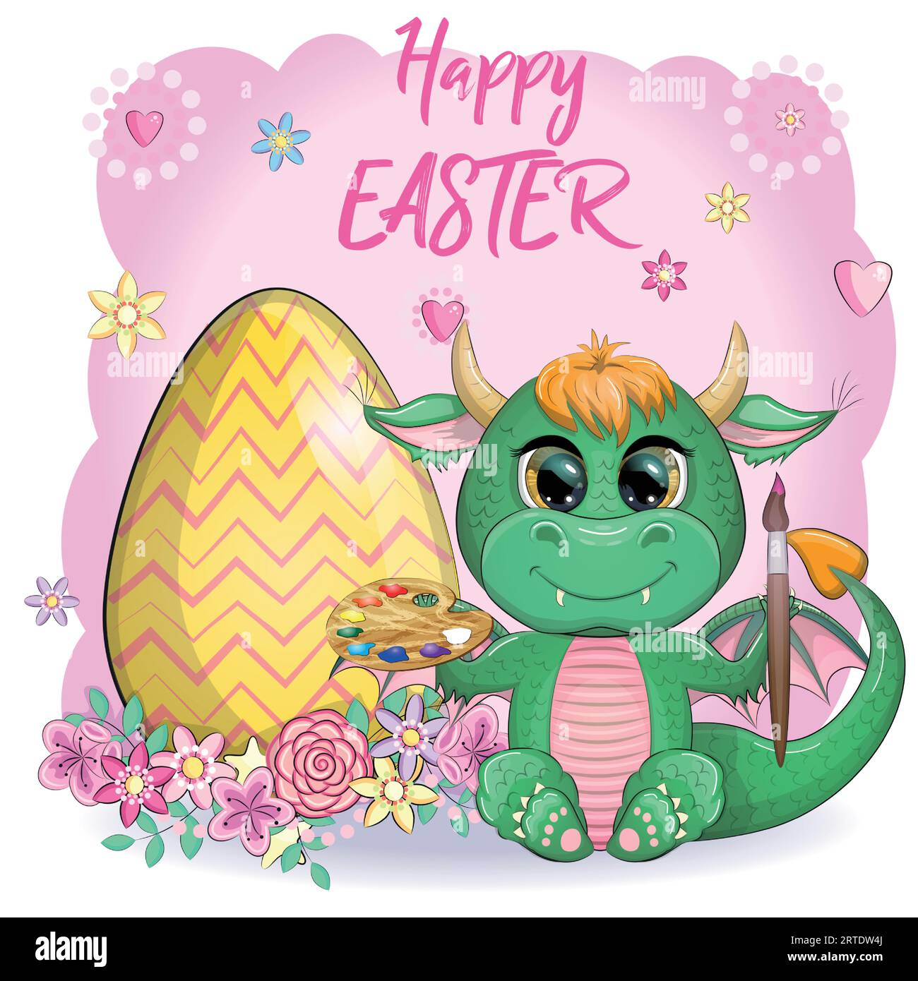 Cute cartoon green baby dragon with an easter egg. Symbol of 2024 ...