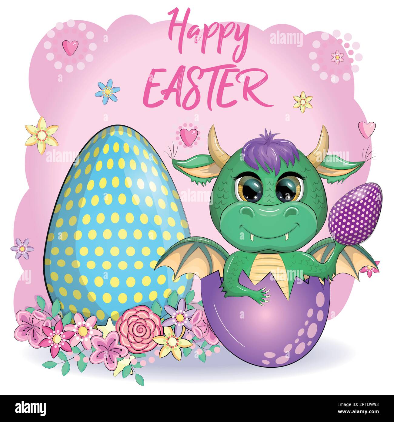 Cute cartoon green baby dragon with an easter egg. Symbol of 2024 ...