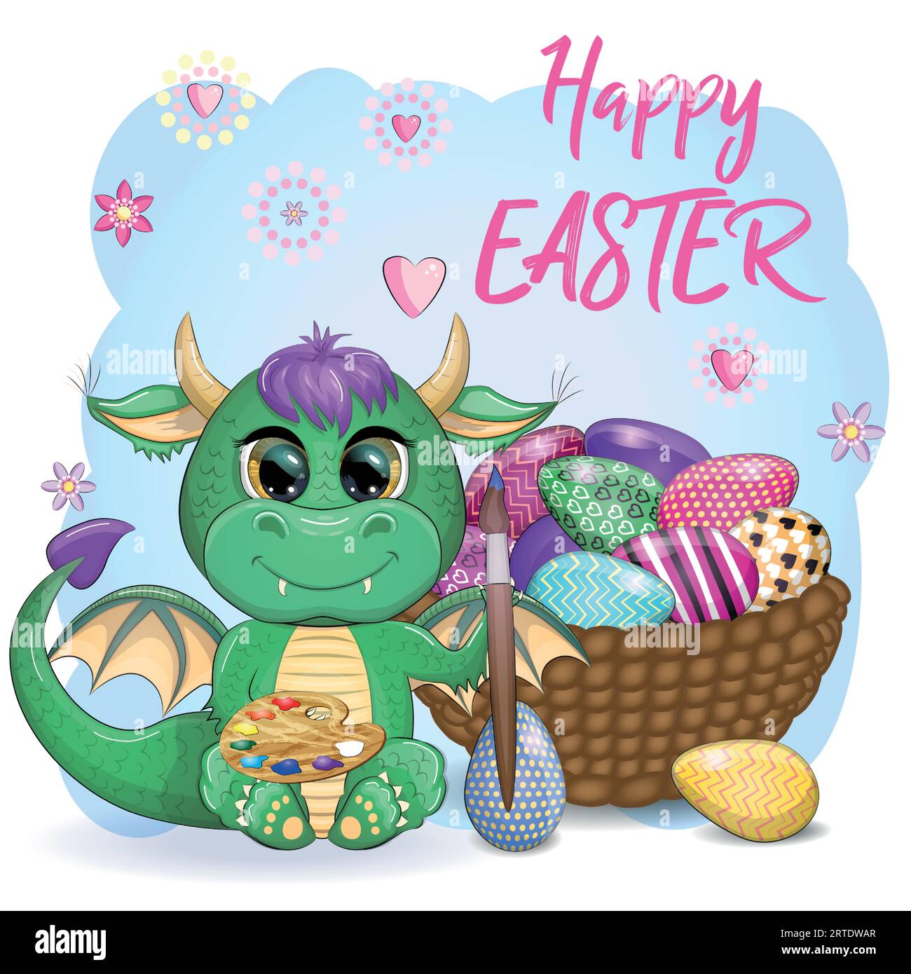 Cute cartoon green baby dragon with an easter egg. Symbol of 2024 ...
