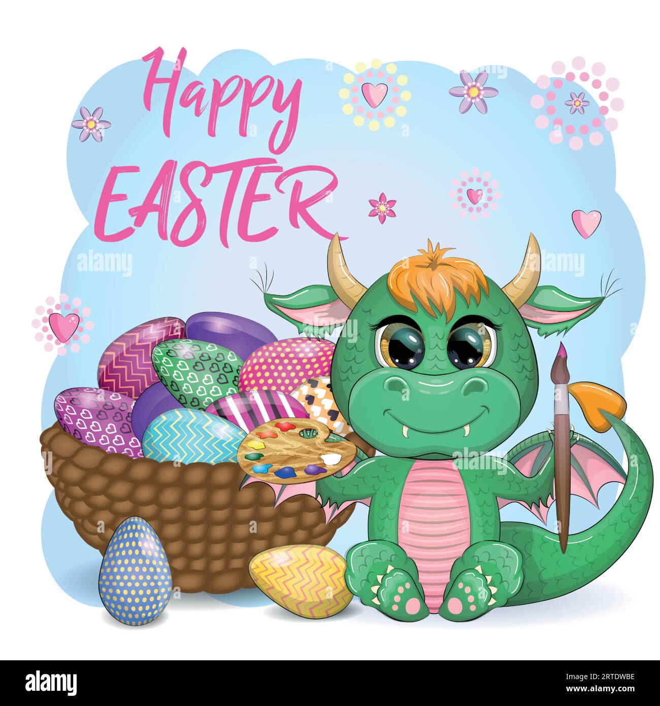 Cute cartoon green baby dragon with an easter egg. Symbol of 2024 ...