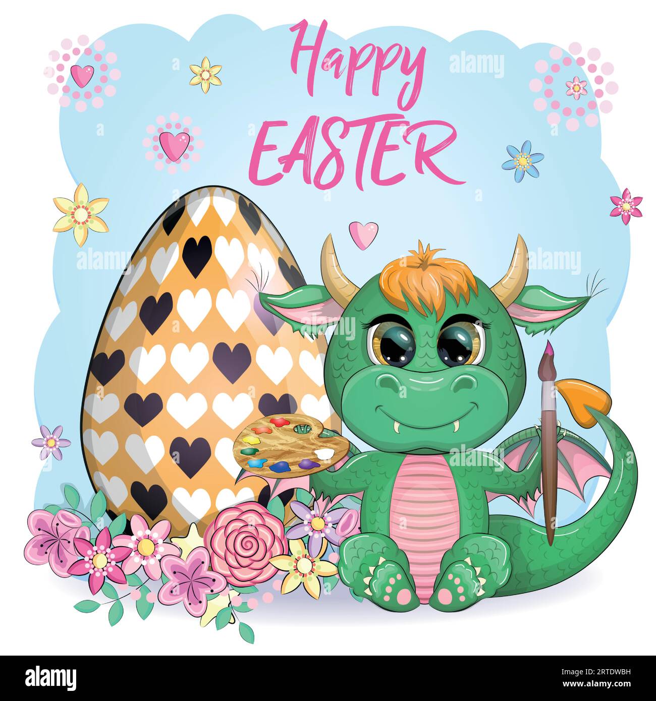 Cute cartoon green baby dragon with an easter egg. Symbol of 2024 ...
