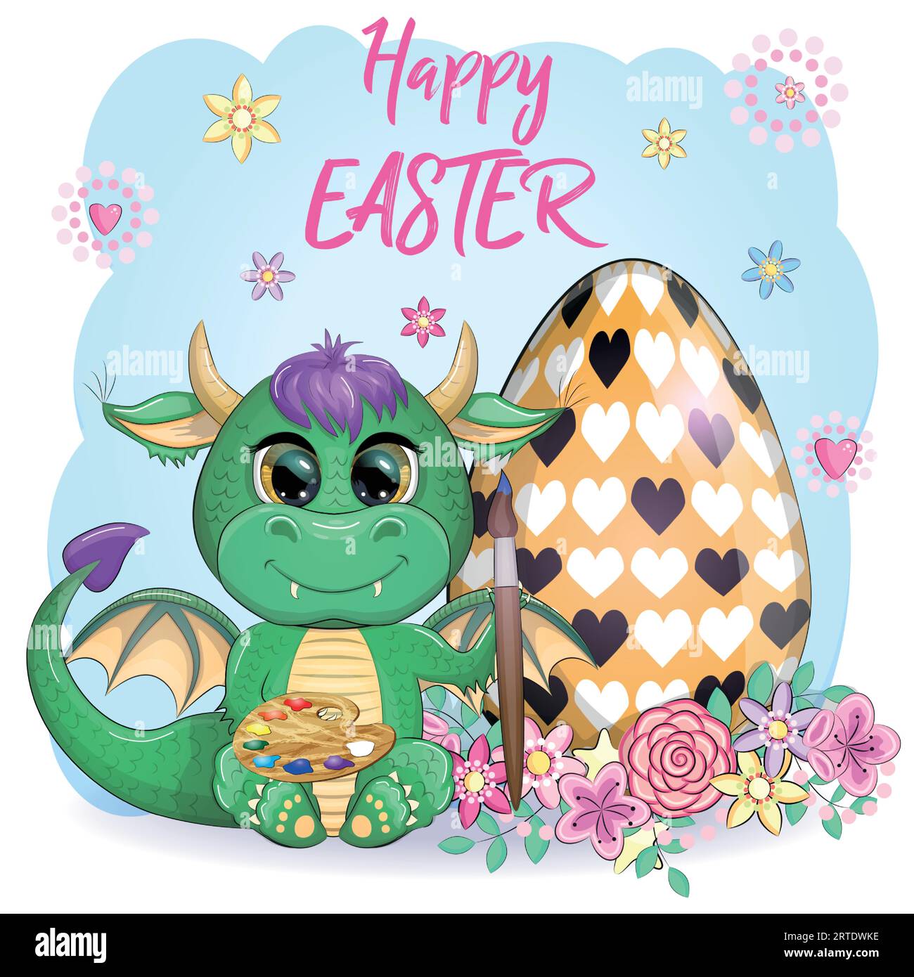 Cute cartoon green baby dragon with an easter egg. Symbol of 2024 ...