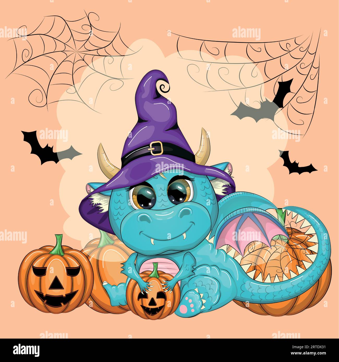 Cute cartoon green dragon in a purple magic hat, Halloween. Pumpkin ...