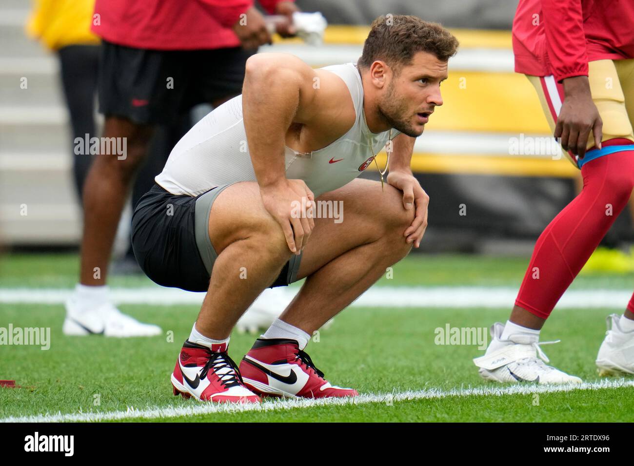 San Francisco 49ers defensive end Nick Bosa warm ups before an NFL ...