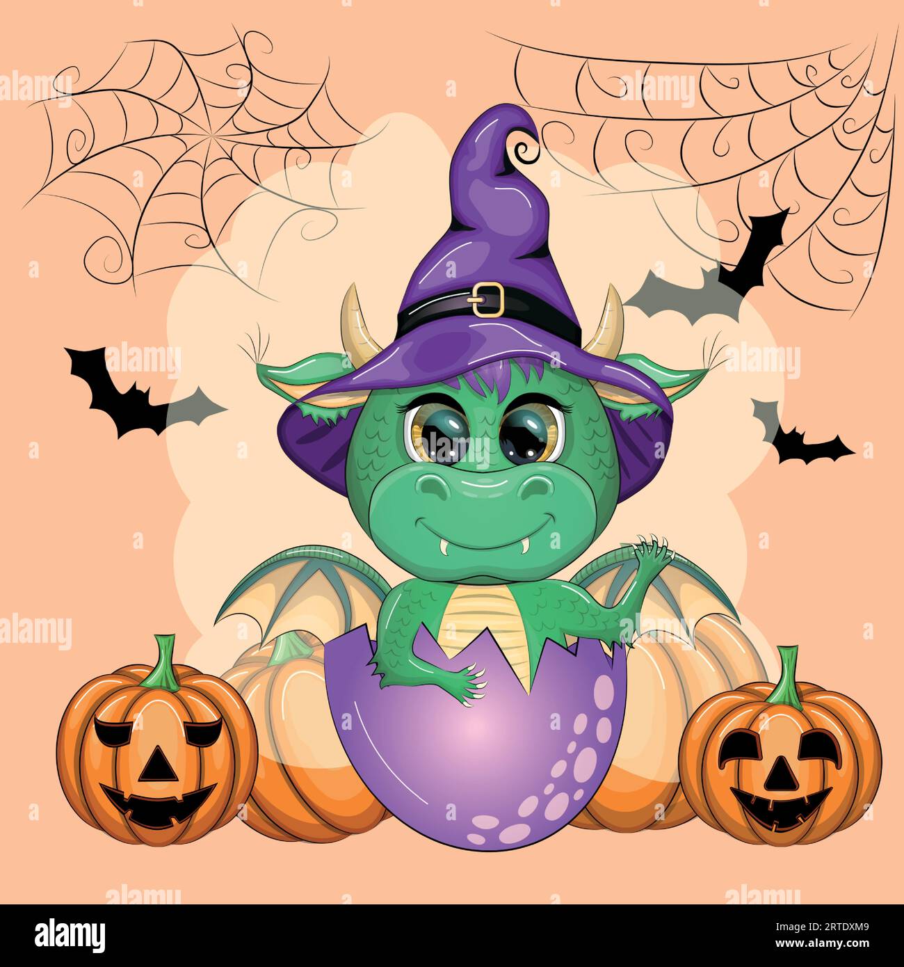 Cute cartoon green dragon in a purple magic hat, Halloween. Pumpkin ...