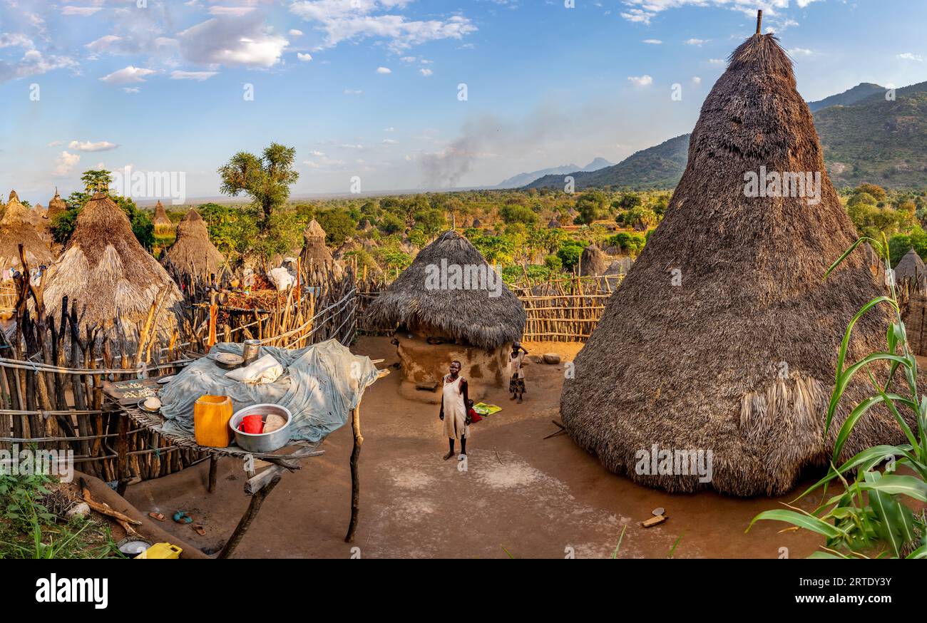A house with thatched roof in african village near mpuntains Stock ...