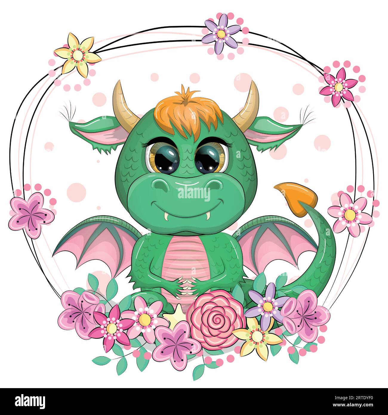 Cute cartoon green baby dragon with horns and wings. Symbol of 2024 ...