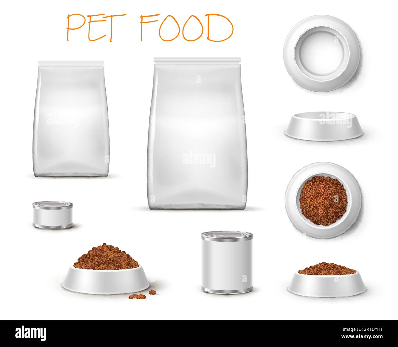 Packaging and feed bowl, pet food realistic plates and packings 3d ...