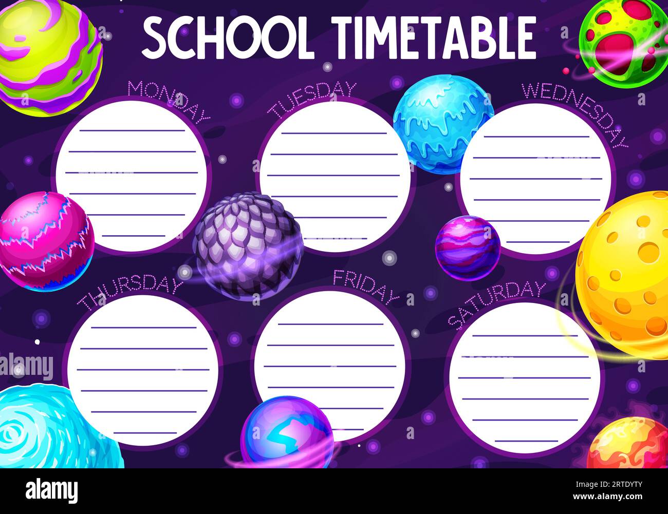 Cartoon galaxy and space planets vector school timetable schedule ...