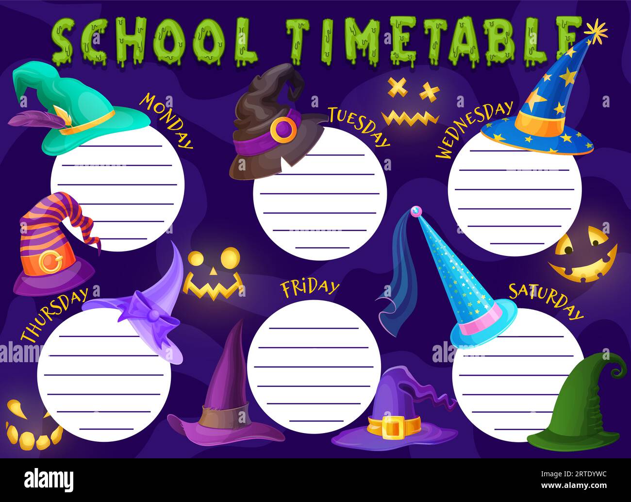 Halloween kids education schedule with witch hats. School timetable ...