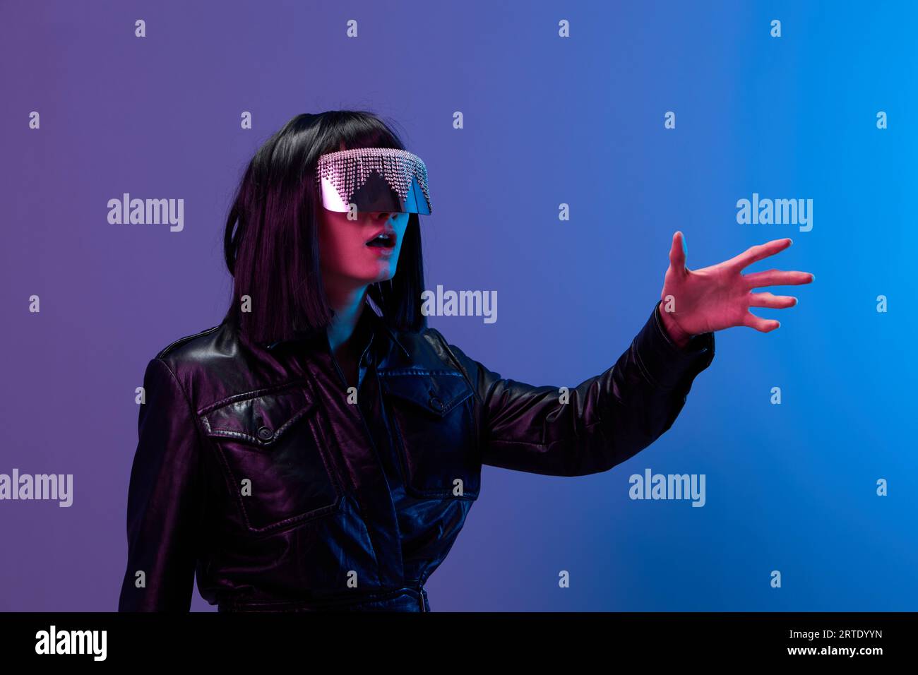 Confused pretty awesome brunet lady in leather jacket trendy specular ...