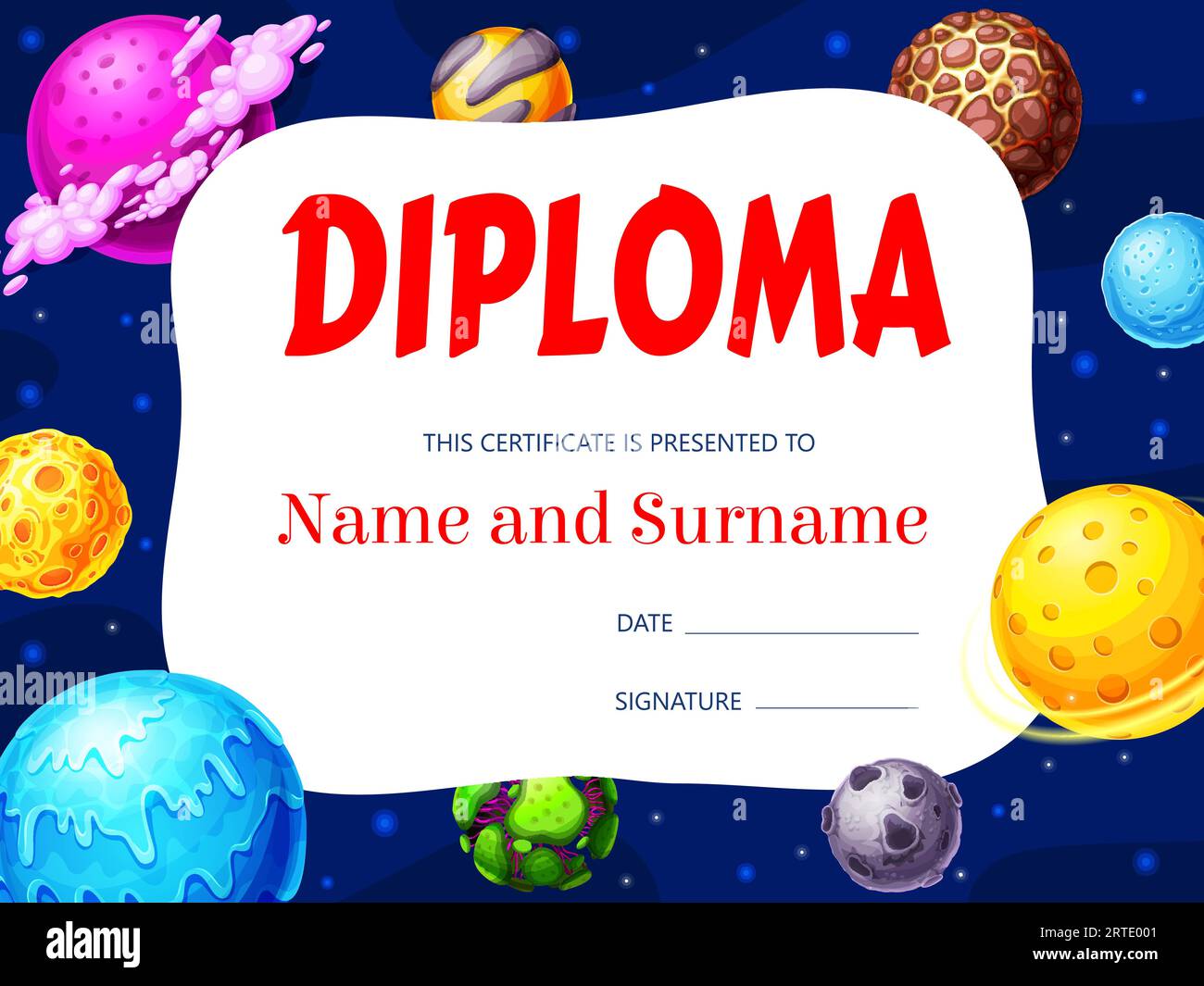 Kids diploma with galaxy space planets, vector award certificate. Educational school or ...