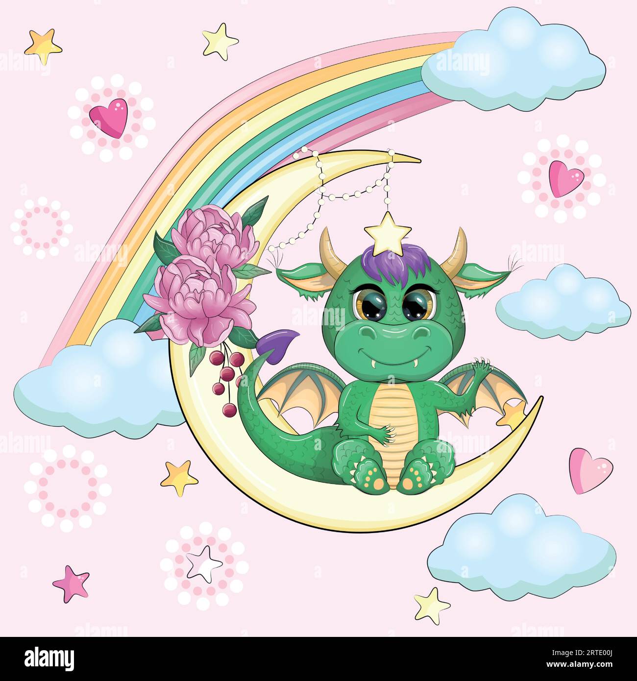 A cute cartoon green dragon sits on the moon. Animal on a dark blue ...