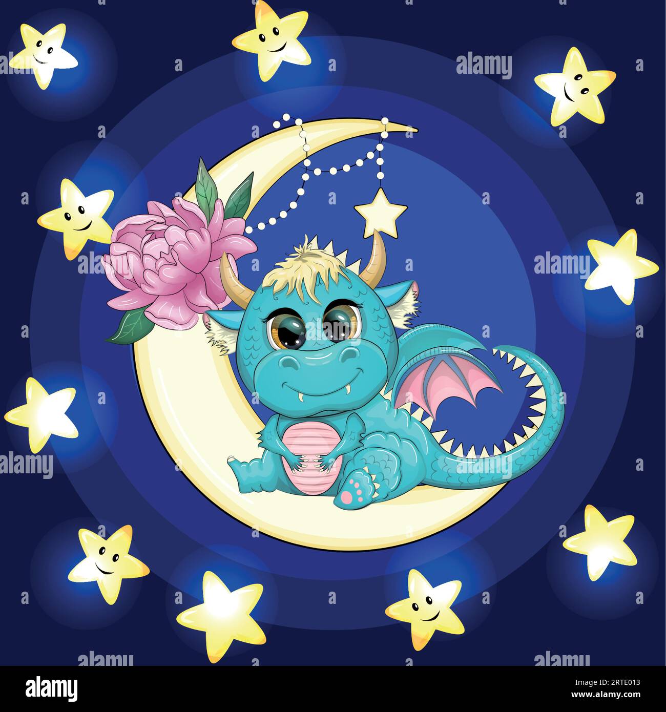 A cute cartoon green dragon sits on the moon. Animal on a dark blue ...