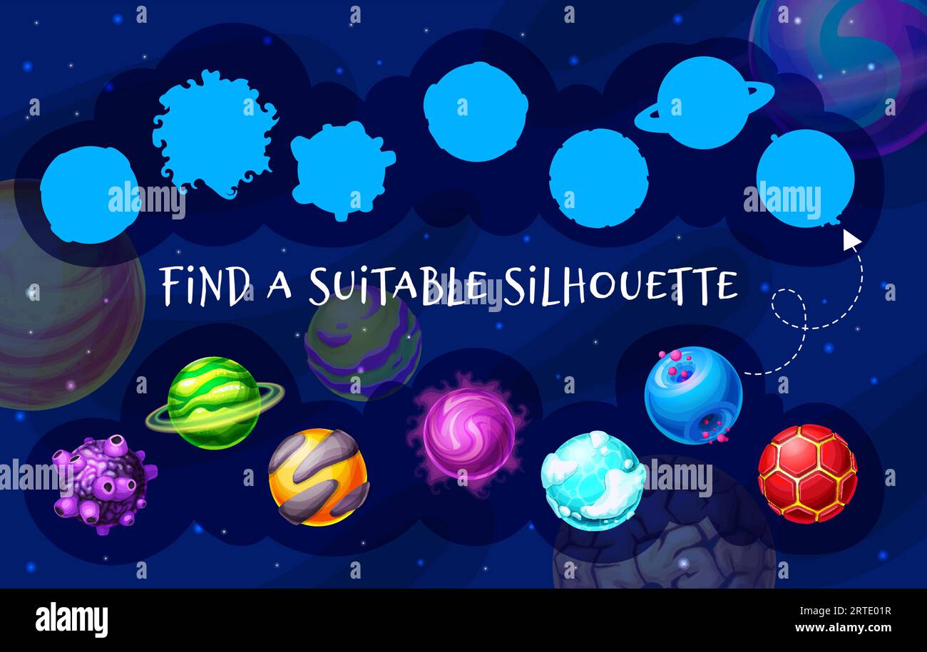 Galaxy kids game find a suitable silhouette of space planet. Cartoon ...