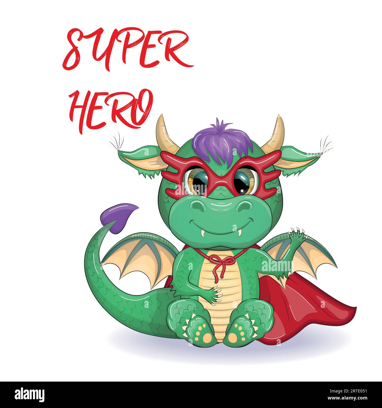 Cute cartoon green baby dragon in a red cape, super hero savior. Symbol ...