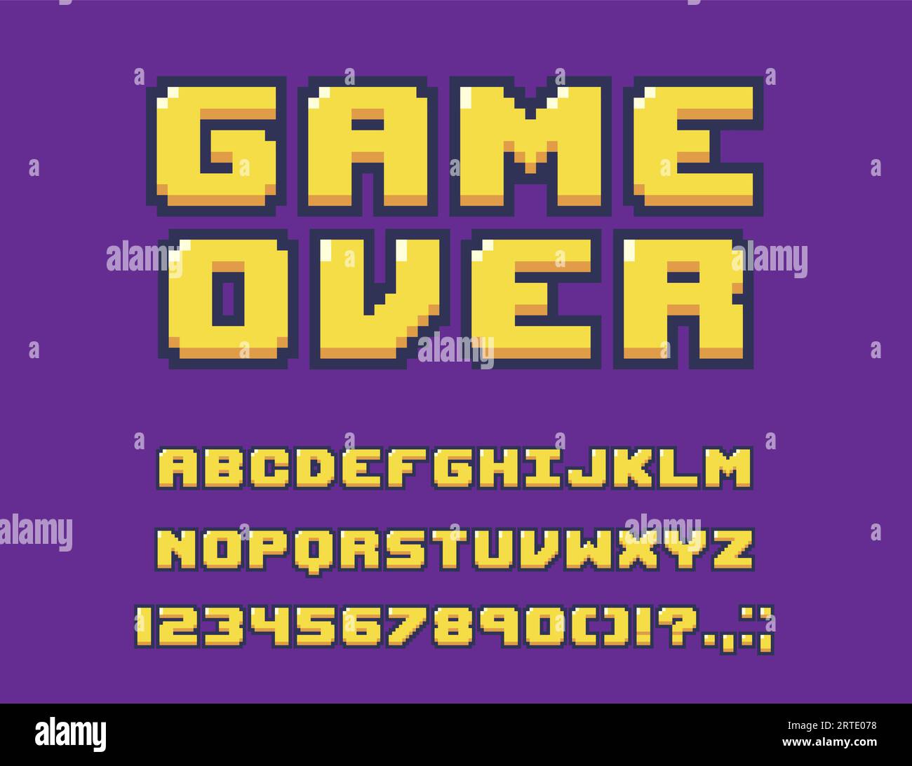8-bit game font or type with letters, numbers, digits and symbols ...