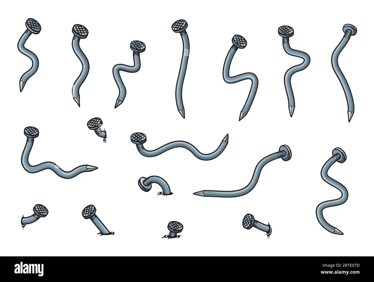 Cartoon metal bent nails and broken iron spikes. Isolated vector nails ...