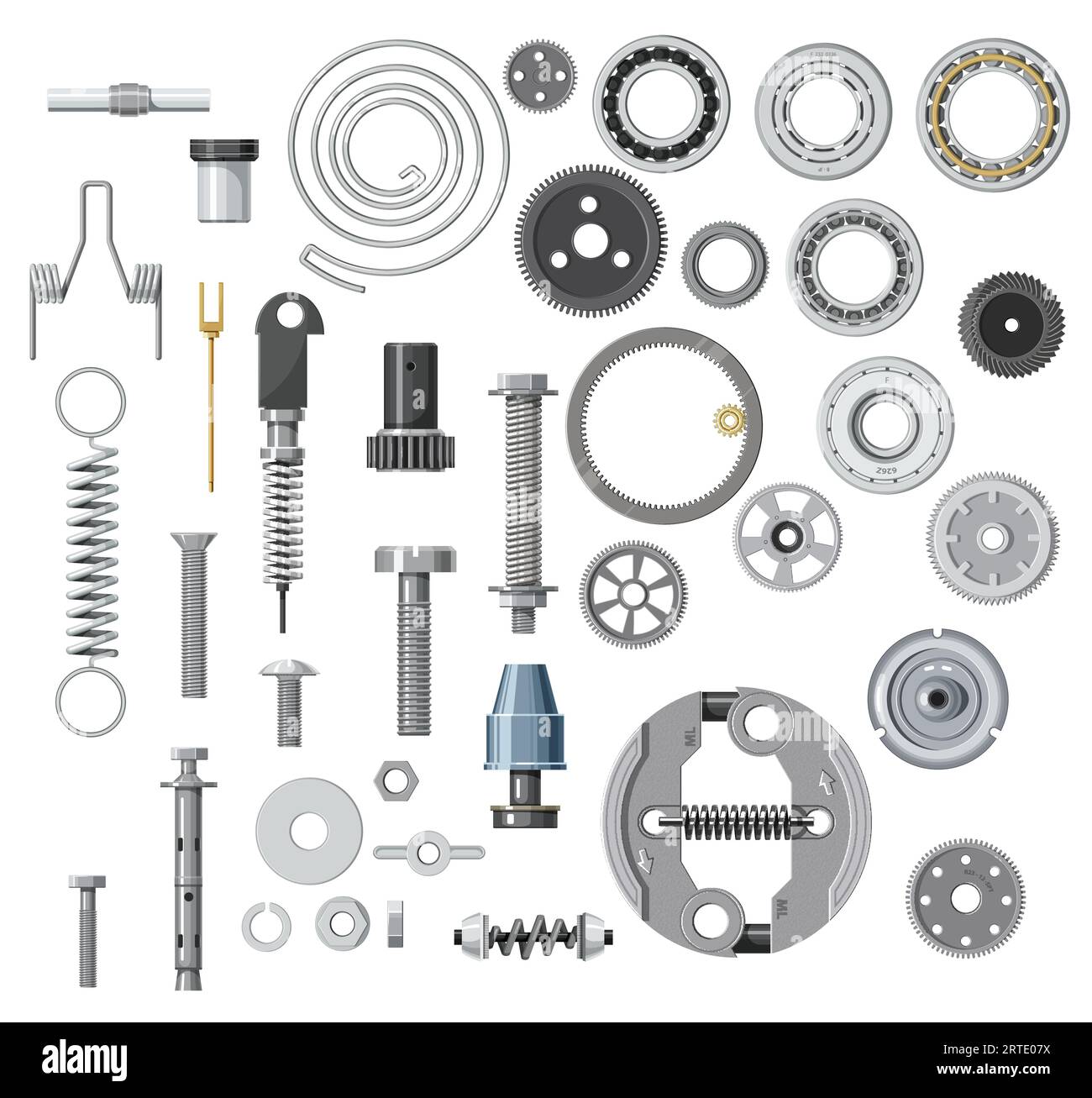 Isolated bolt, screw, nut and washer, spring, gear or cogwheel with ...