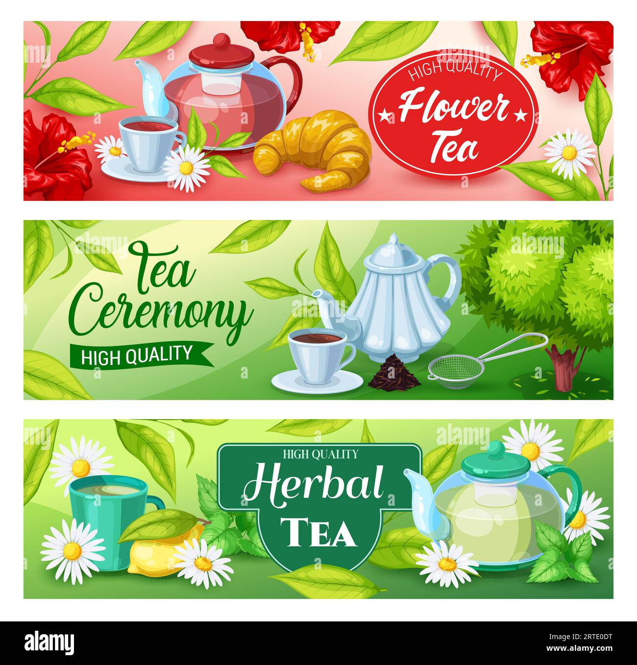 Tea beverage vector banners of green, herbal and black hot drinks. Tea ...