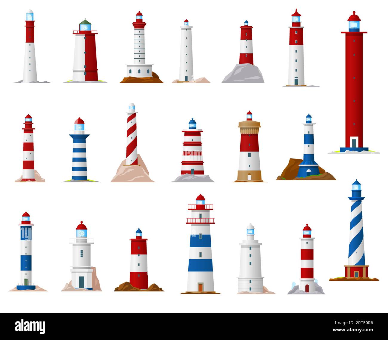 Sea lighthouse and beacon tower isolated vector icons. Nautical ...
