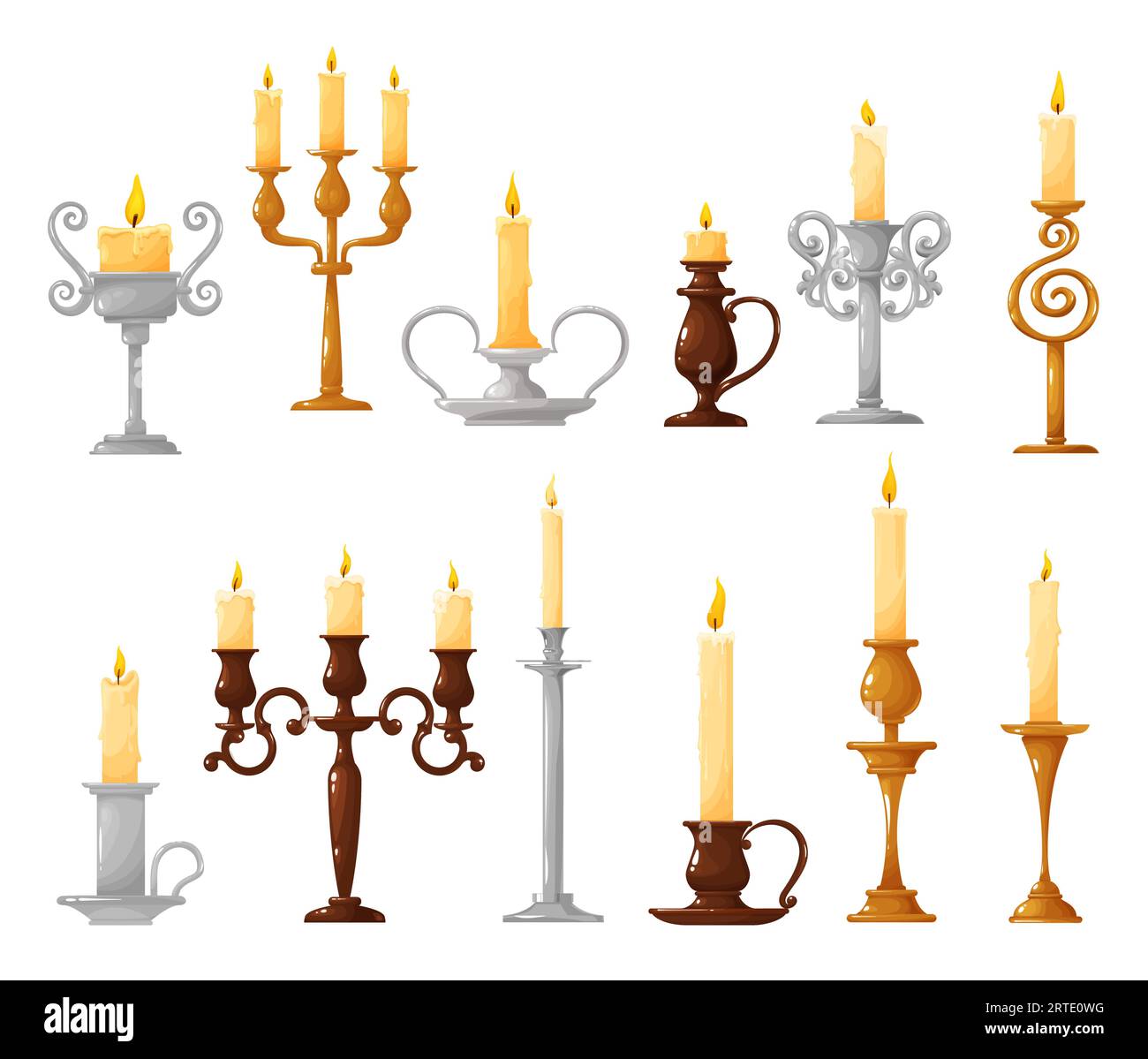 Candlestick with burning candle cartoon vector icons. Candle holder and ...