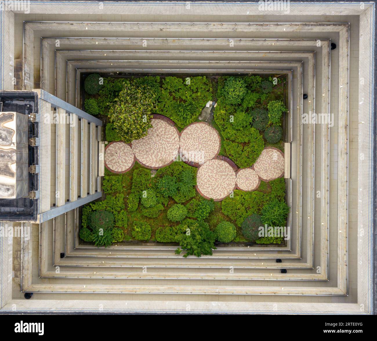 An aerial top view of a small garden in the atrium of the Wuhan ...