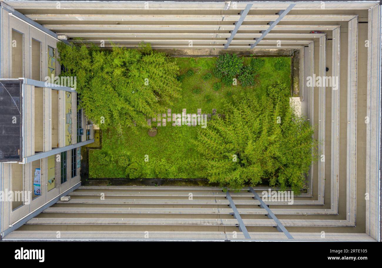 An aerial top view of a small garden in the atrium of the Wuhan ...