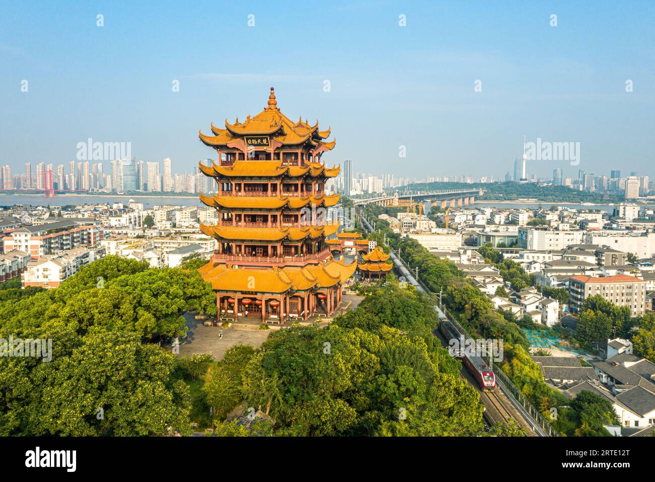 An aerial view of the historic Wuhan Yellow Crane Tower in Wuhan, China ...