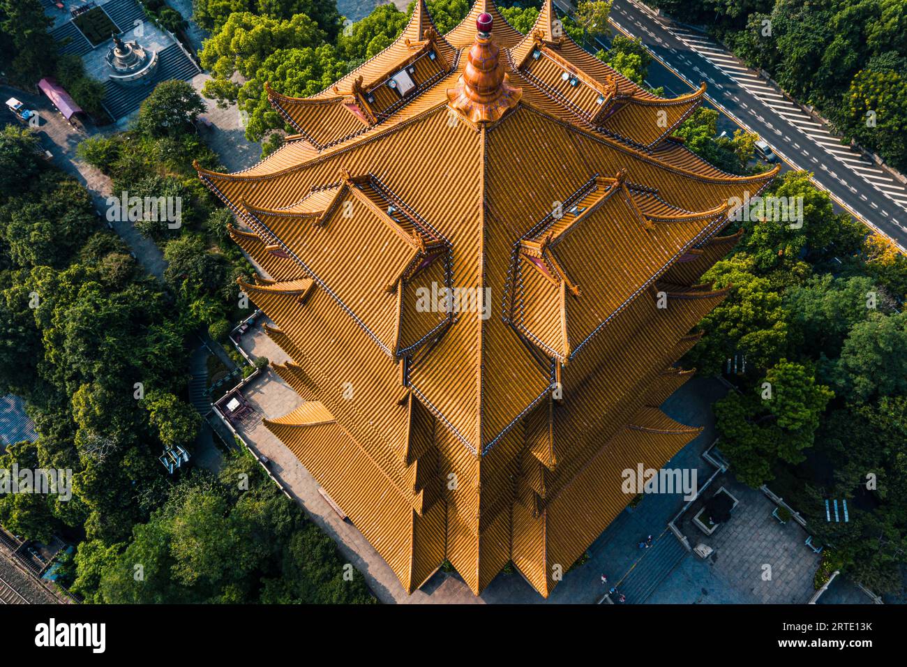 An aerial view of the historic Wuhan Yellow Crane Tower in Wuhan, China ...