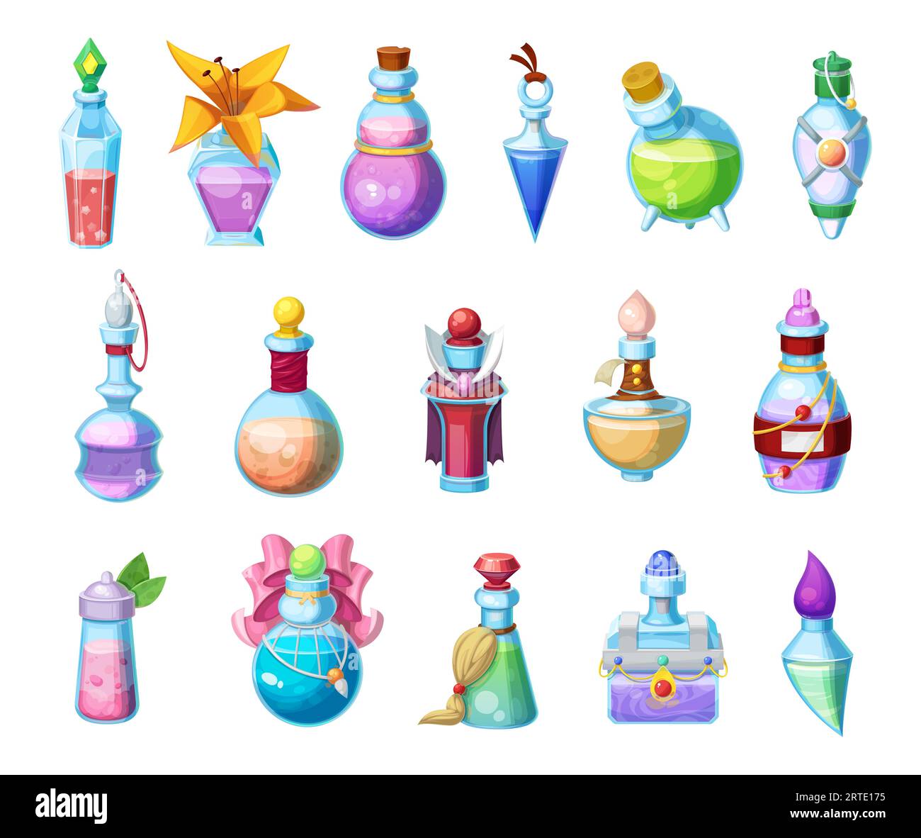 Potion bottles vector icons, magic elixir in glass flasks, cartoon design elements for magic gui ...