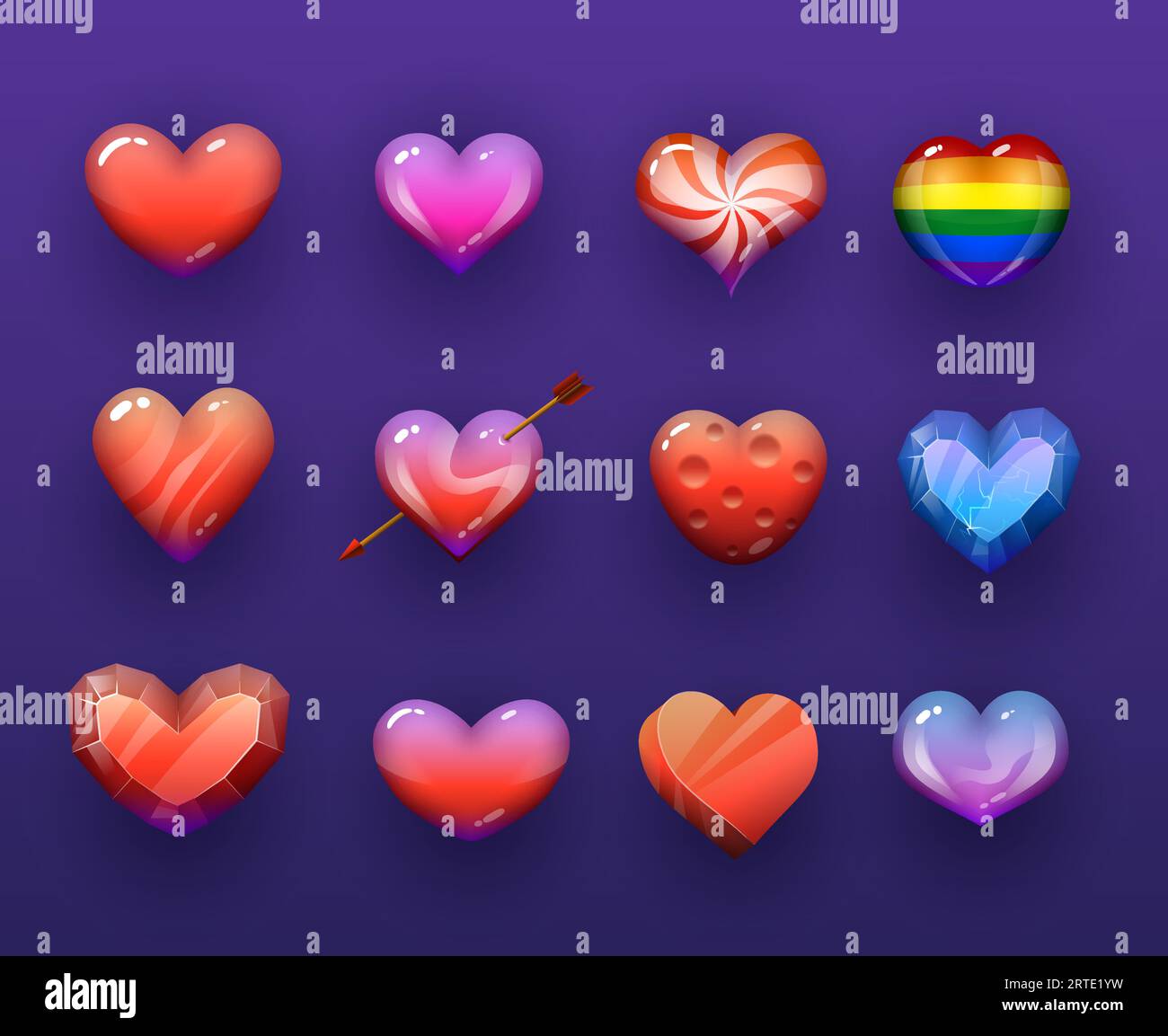 Cartoon vector hearts isolated vectir icons set. Rainbow, candy and ...