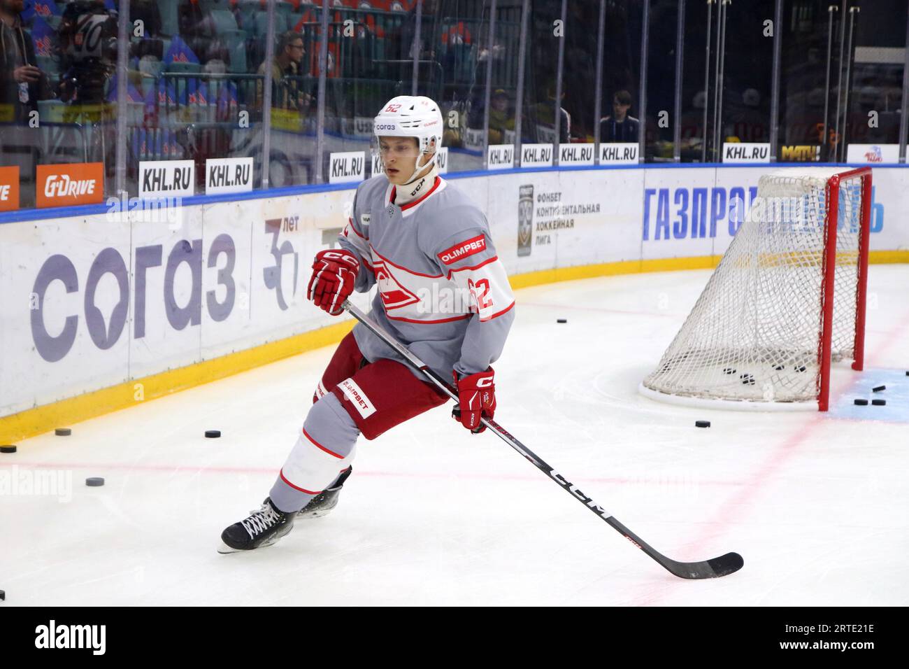 Spartak Hockey Club player, Daniil Orlov (62) seen in action during the Kontinental Hockey ...