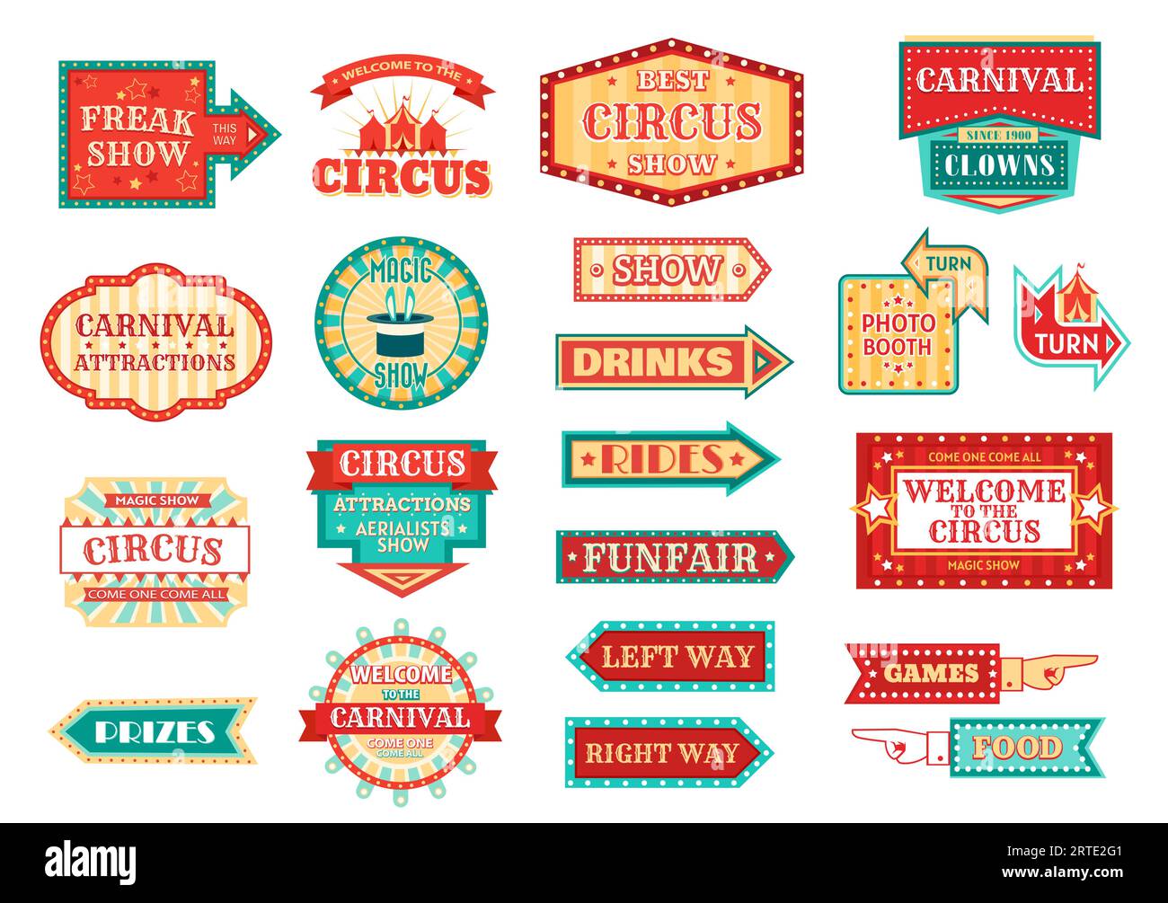 Circus pointer, carnival or funfair arrow signboard isolated vector ...
