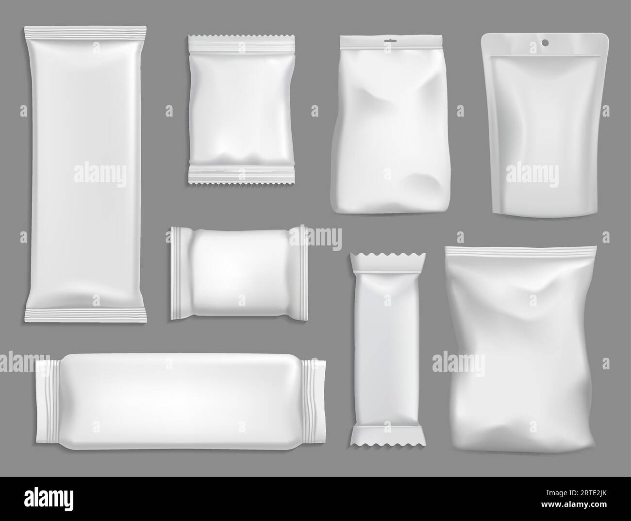 Snack packages vector mockup, sachet or pouch bags isolated 3d template ...