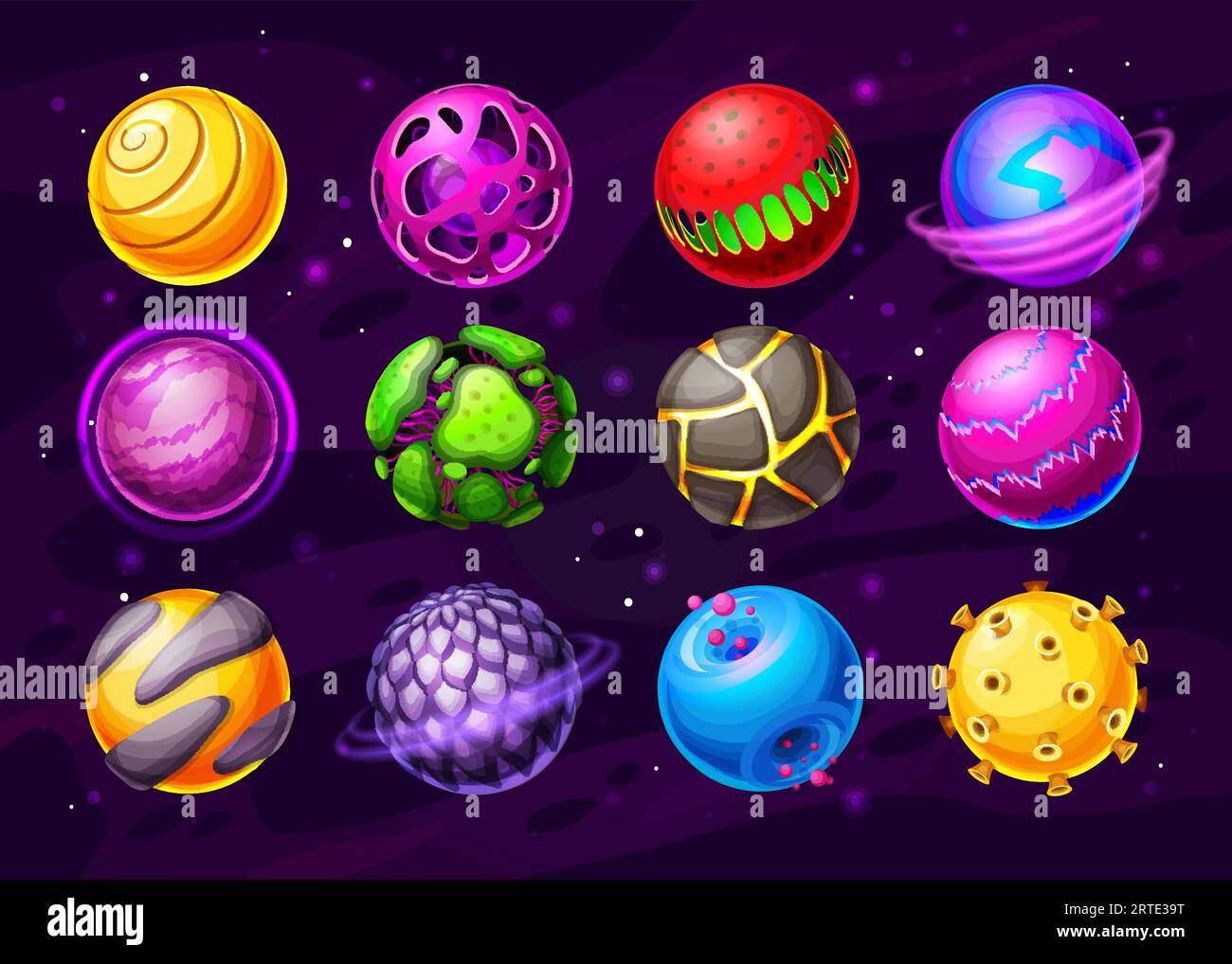 Alien life planets, fantasy space worlds cartoon icons. Colorful ...