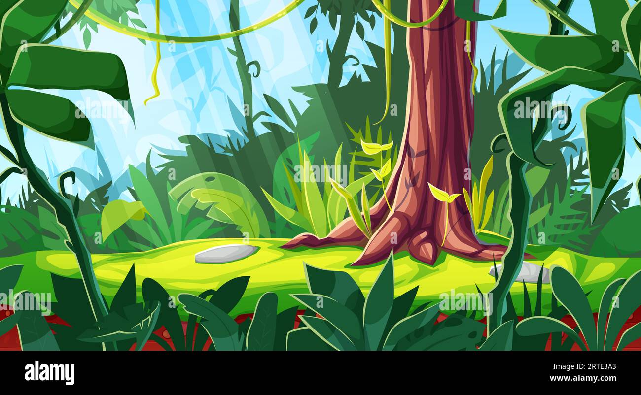 Cartoon game interface, vector forest background or jungle landscape ...